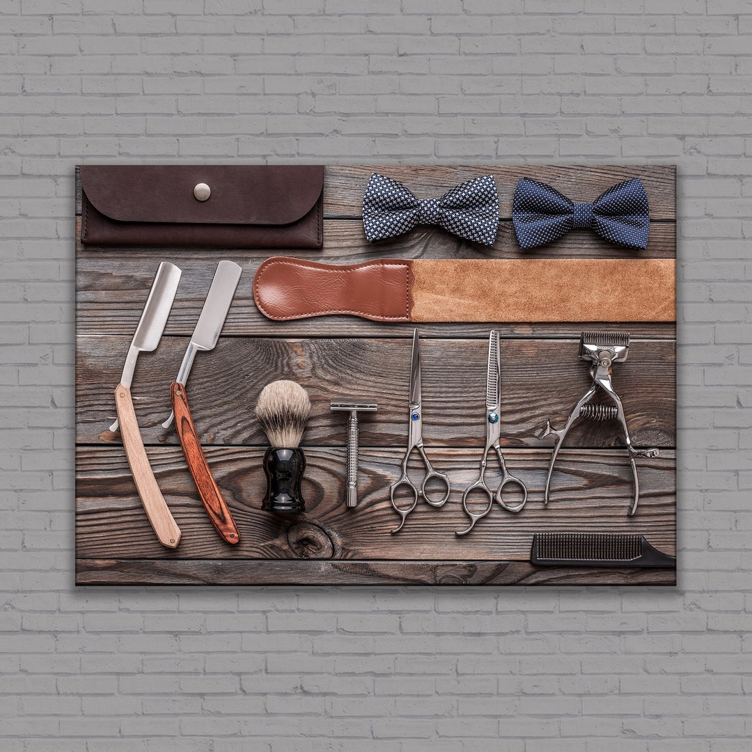Retro Barbershop Canvas Wall Art, Barber Tools Rolled Canvas Print ...