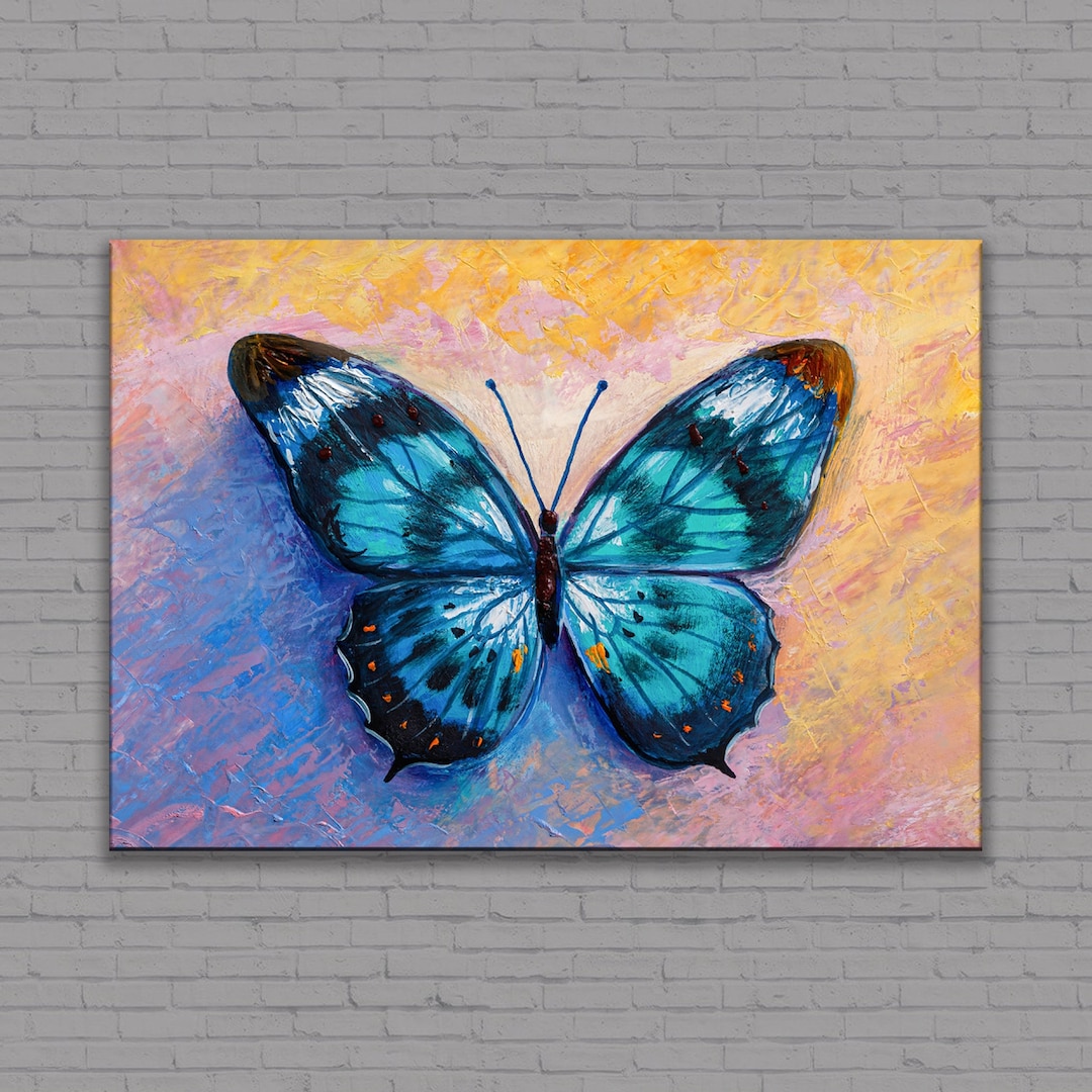 Blue Abstract Butterfly Canvas Painting, Oil Painting Look Minimalist ...