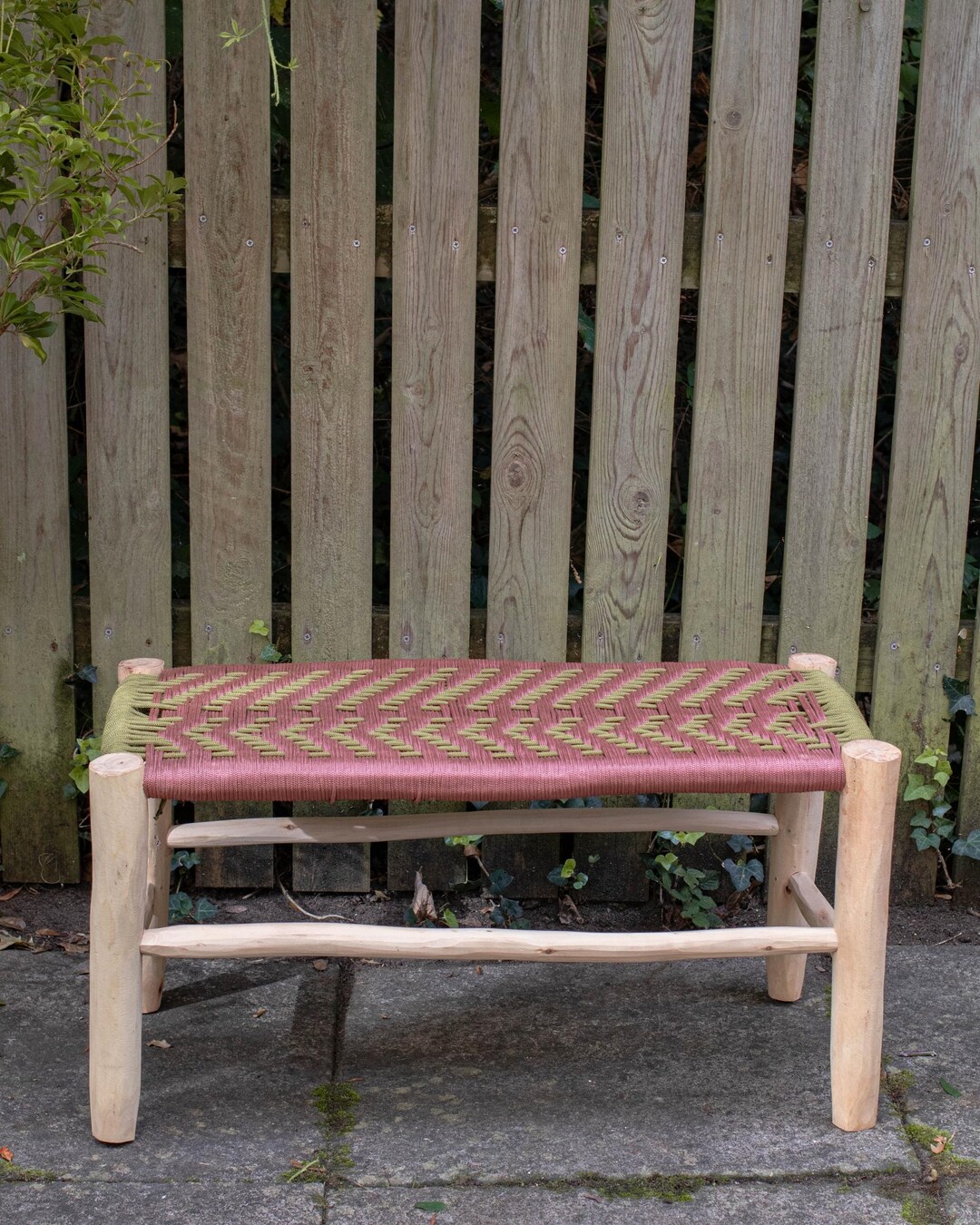 Handwoven Moroccan Bench: Olive Green & Rose Braided Seat, Natural Wood ...