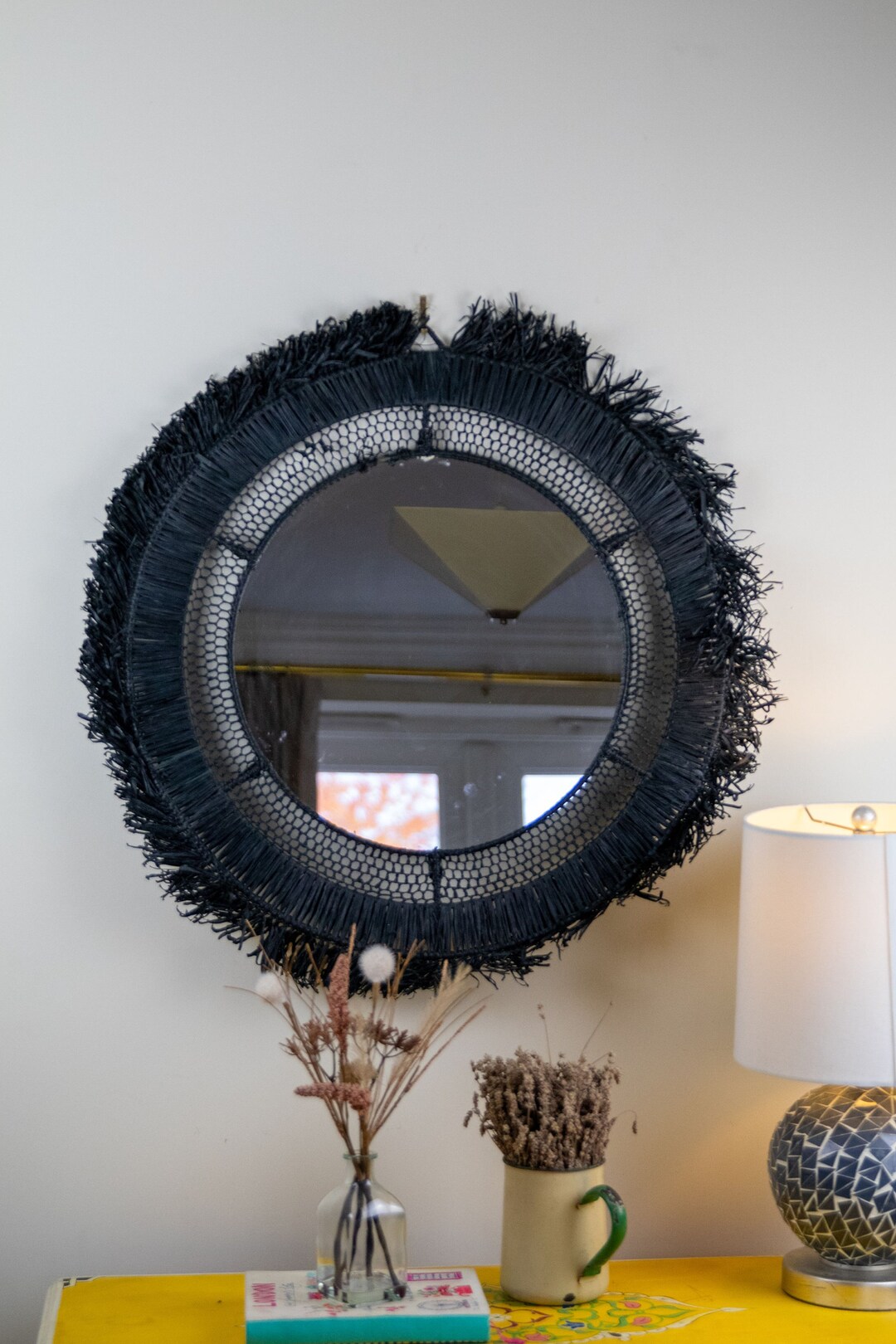 Natural Large Raffia Mirror Raffia Shell Mirror Round Raffia Wall ...