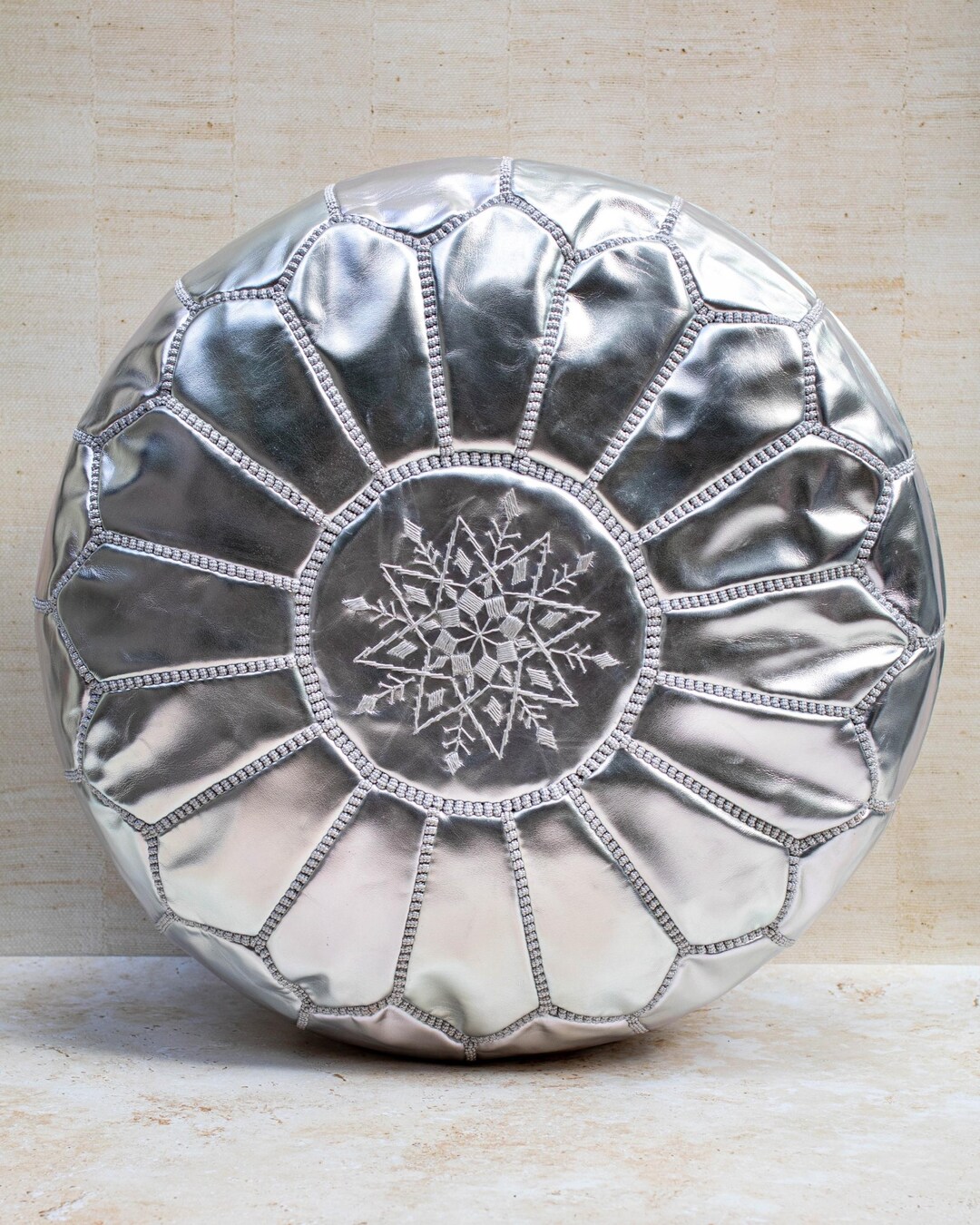 Silver Moroccan Pouf Ottoman: Handmade Vegan Faux Leather Cover ...