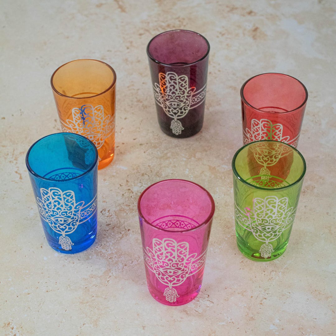 Moroccan Tea Glasses Set, Hand-painted Tea Glasses, Coloured Frosted ...