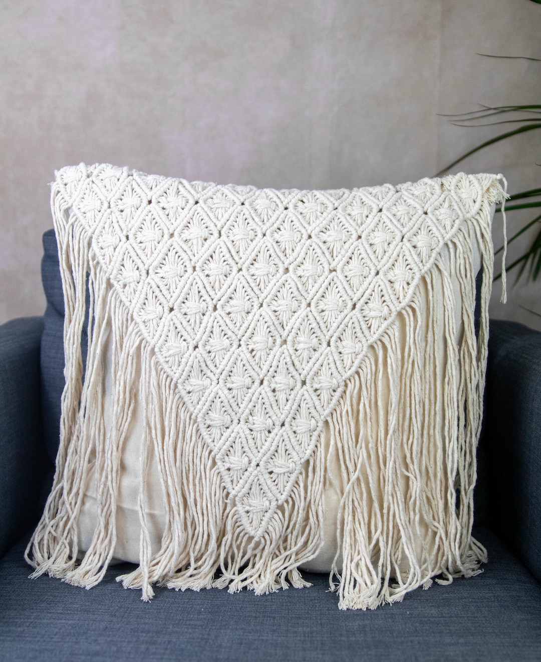 Boho Macrame Cushion Cover With Shells and Fringe, Macrame Pillow Cover 45cm X 45cm Pillow ...