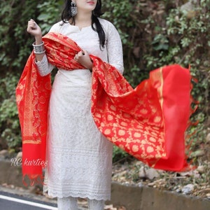 Pure Cotton Chickenkari Work Kurti With Pant and Dupatta Set - Etsy
