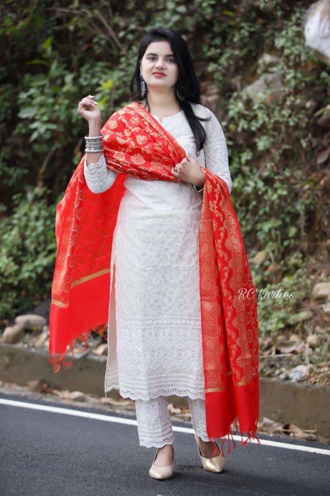 Pure Cotton Chickenkari Work Kurti With Pant and Dupatta Set - Etsy