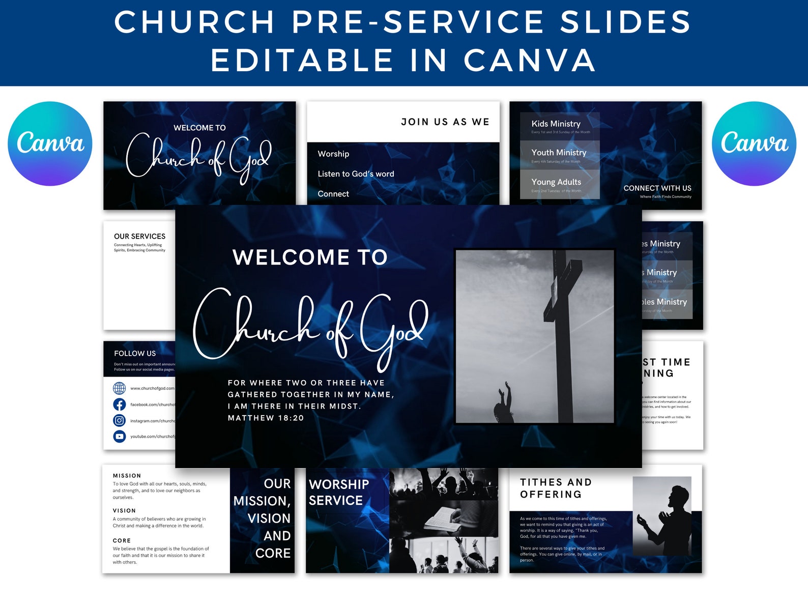 Blue Church Welcome Slides: Editable Worship Service Template (canva ...