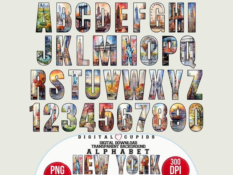 New York Alphabet Sublimation Clipart, NYC Watercolor Letters Design ...