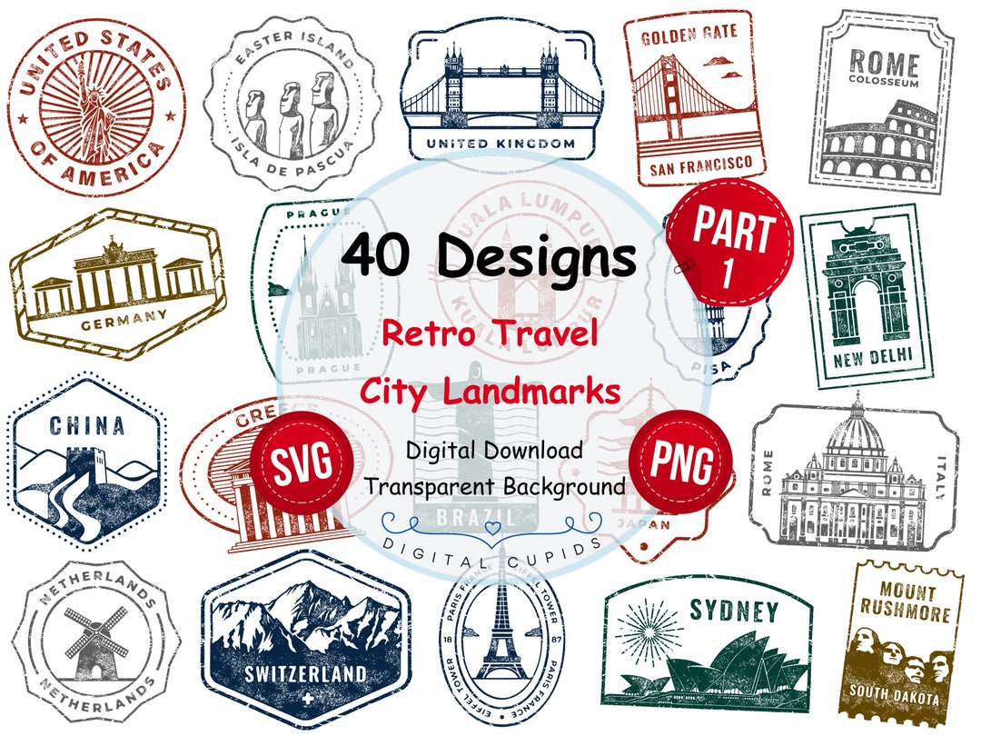 City Landmarks Stamp Bundle SVG PNG I Cities Travel Stamps Collection I ...