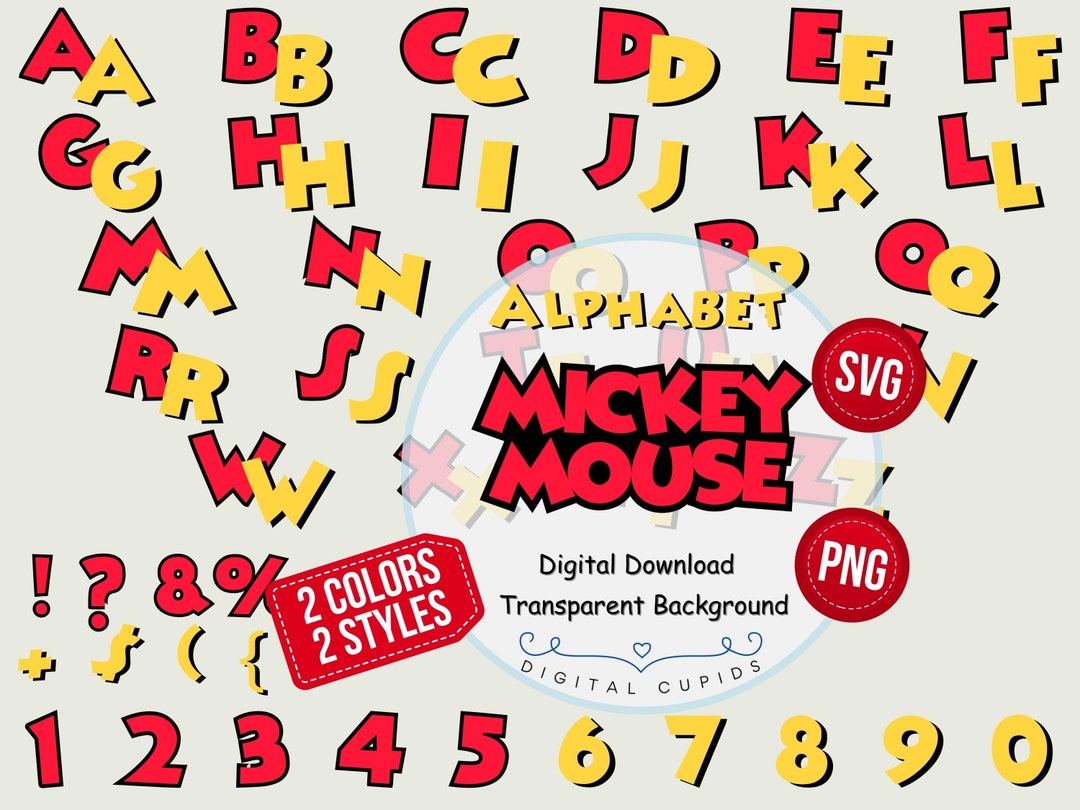 Mickey Mouse Alphabet SVG PNG Kids' Style Font Invitations, Birthday ...