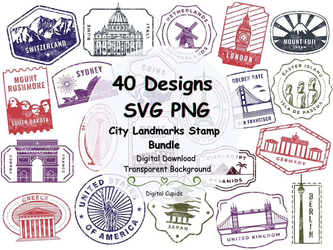 City Landmarks Stamp Bundle SVG PNG I Cities Travel Stamps - Etsy