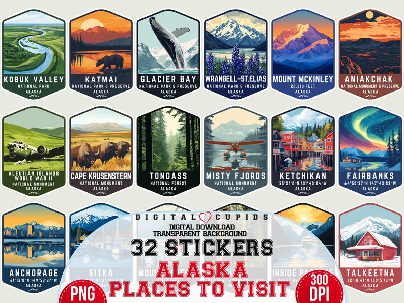 Alaska National Parks Stickers: Travel Destination Clipart (PNG Digital ...