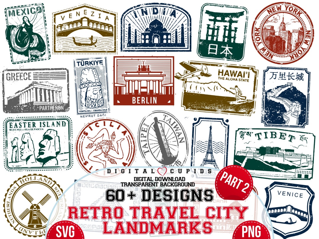 City Landmarks Stamps Collection SVG PNG I Travel City Stamps I Clipart ...