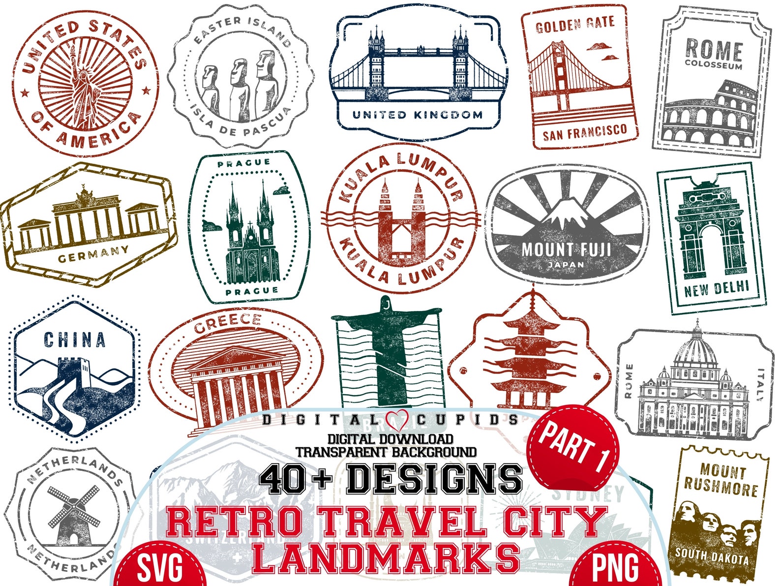 City Landmarks Stamp Bundle SVG PNG I Cities Travel Stamps Collection I ...