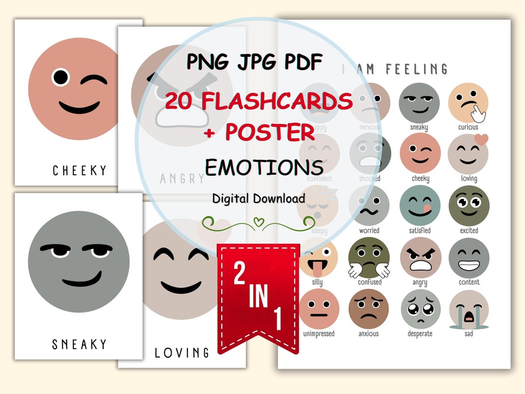 Feelings & Emotions Flashcards and Poster Set for Kids PNG JPG PDF I ...