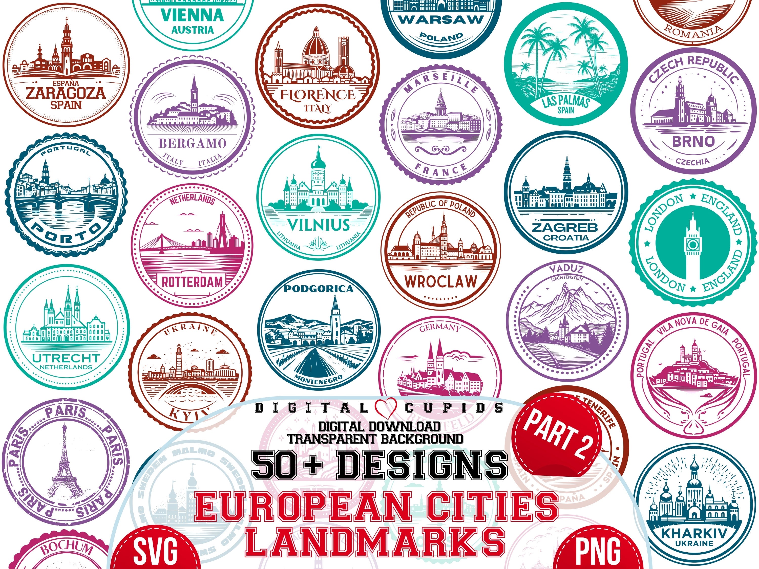 City Landmarks Stamps SVG PNG Collection I Travel Stamps I City ...