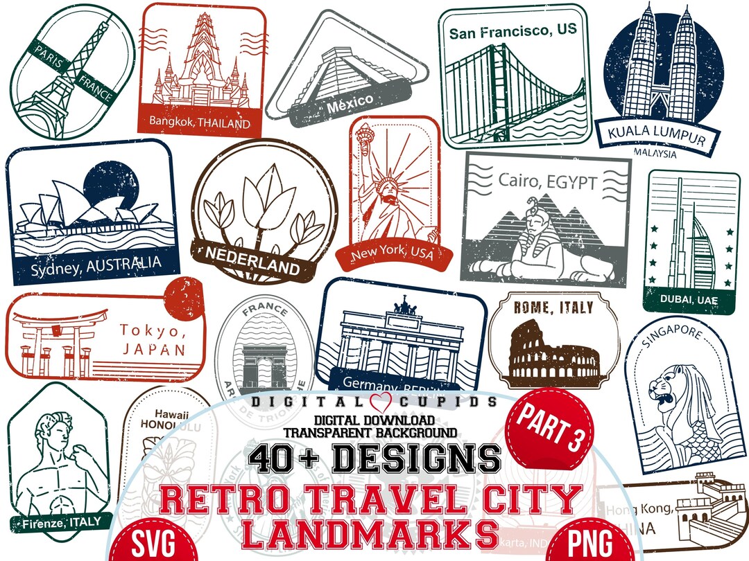 Retro City Landmark Stamps: Travel Decals SVG PNG (part 3) - Etsy