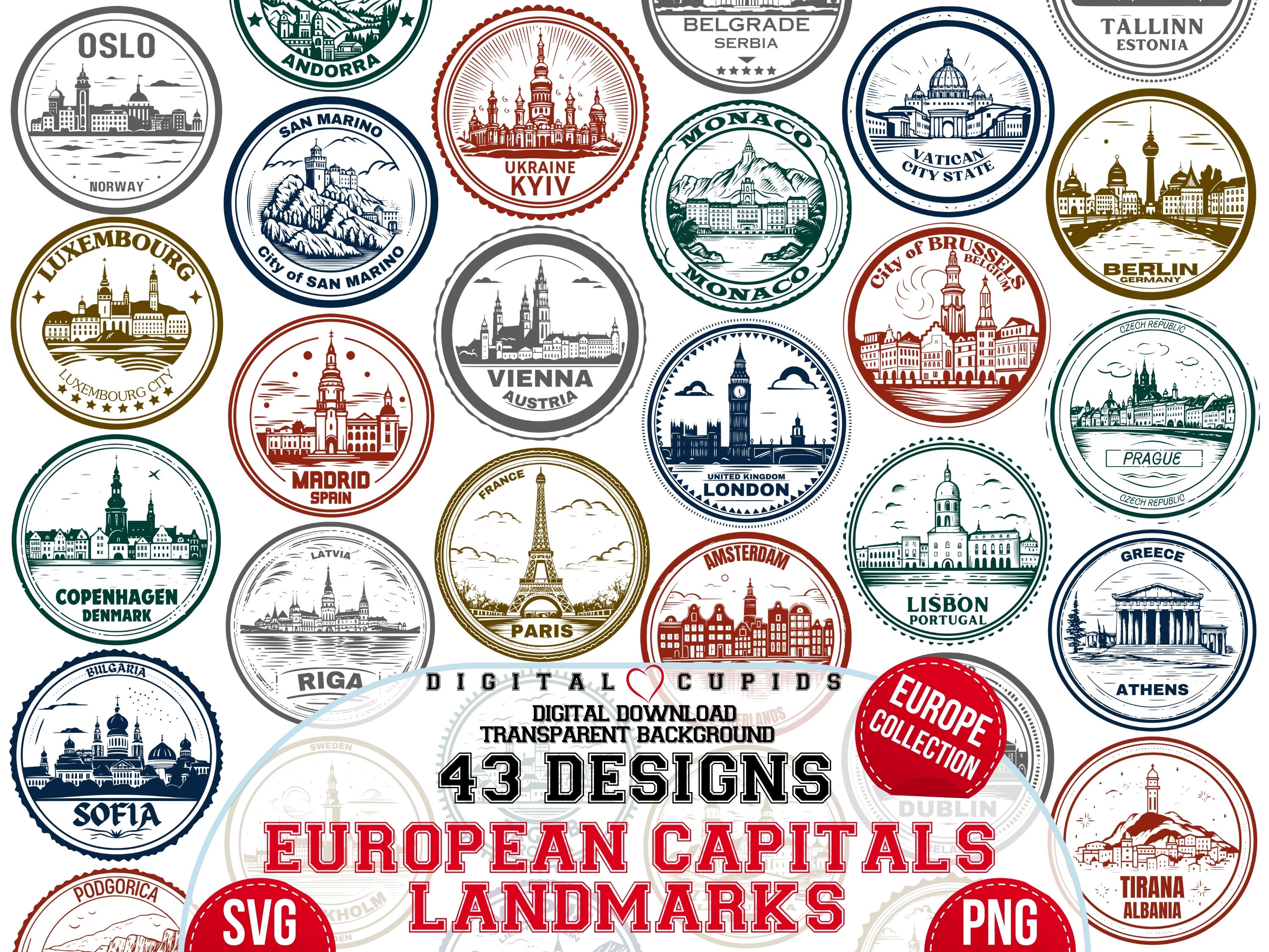 European City Landmarks Stamps: Travel Clipart (SVG, PNG) - Etsy