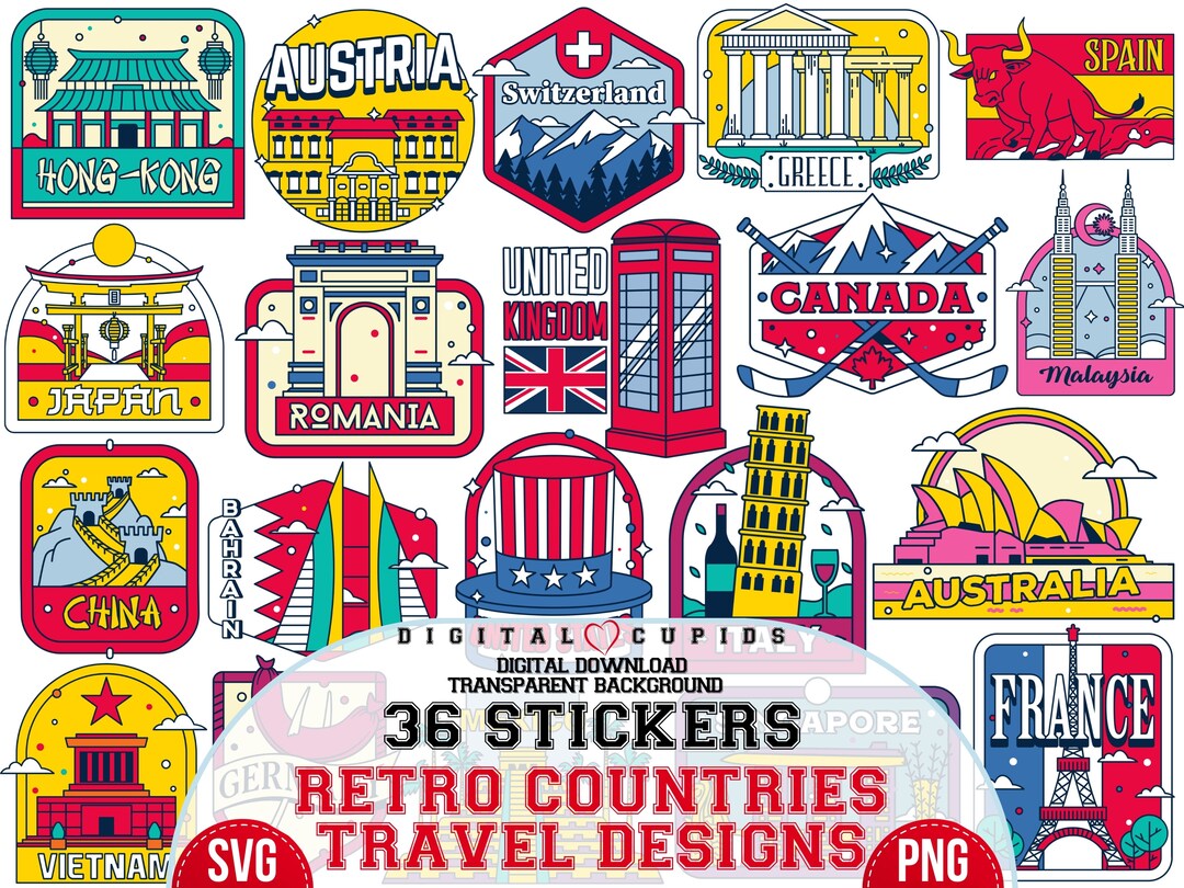 Travel Retro Stickers Collection I SVG PNG Bundle I Global Landmarks ...