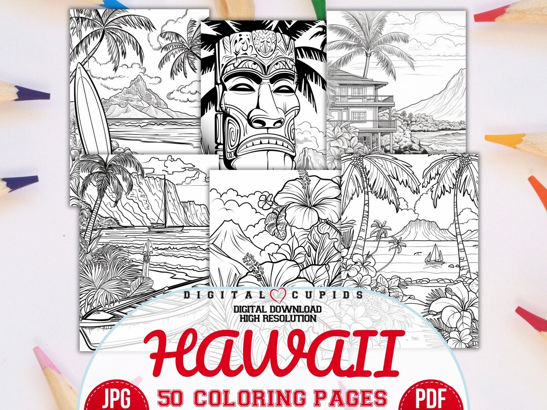 Hawaii Coloring Pages JPG & PDF, Hawaii Illustrations, Vacation Hawaii ...