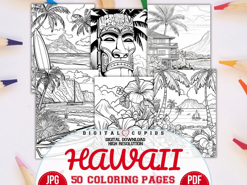 Hawaii Coloring Pages JPG & PDF, Hawaii Illustrations, Vacation Hawaii ...
