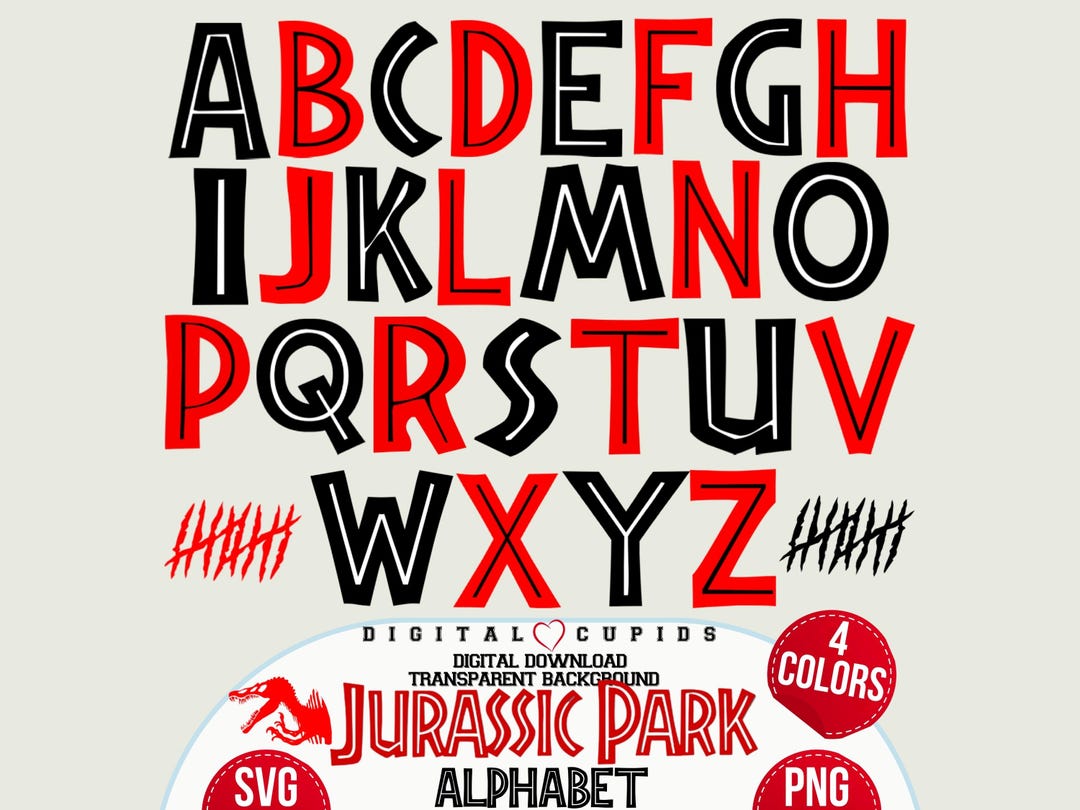 Jurassic Park Alphabet Clipart: Dinosaur Letters & Numbers (SVG, PNG ...