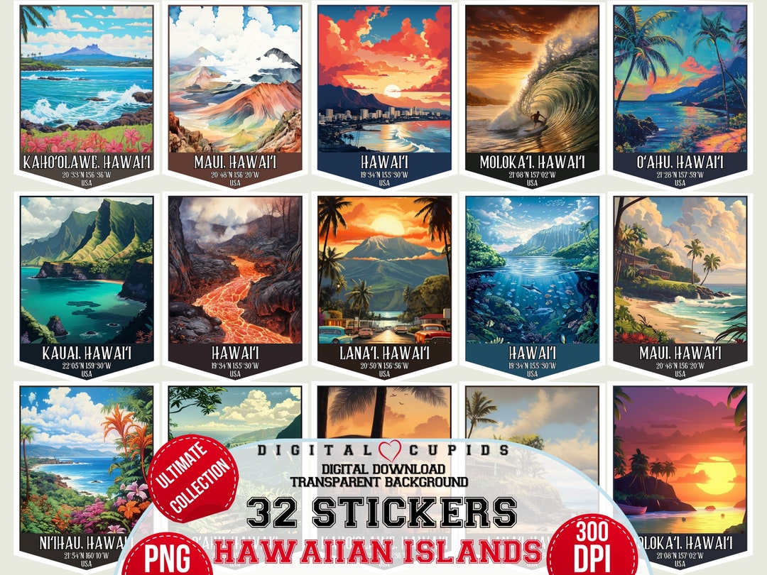 US Hawaiian Islands PNG Sticker Collection I Hawaii Stickers Bundle ...