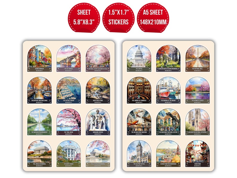 Washington D.C. Printed Stickers, White House, Capitol, Washington ...