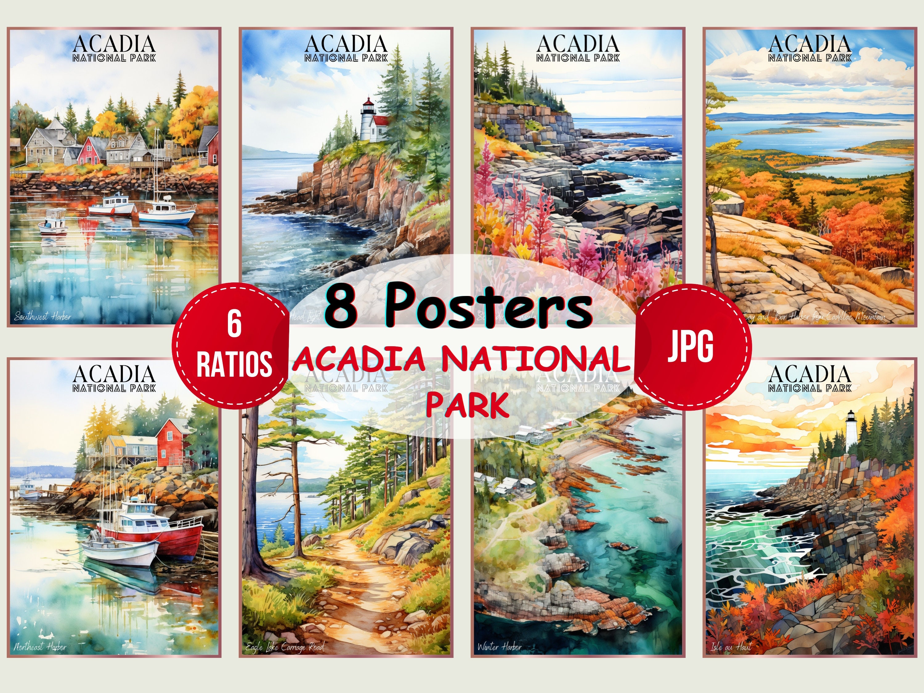 Acadia National Park Watercolor Poster Bundle JPG Travel - Etsy