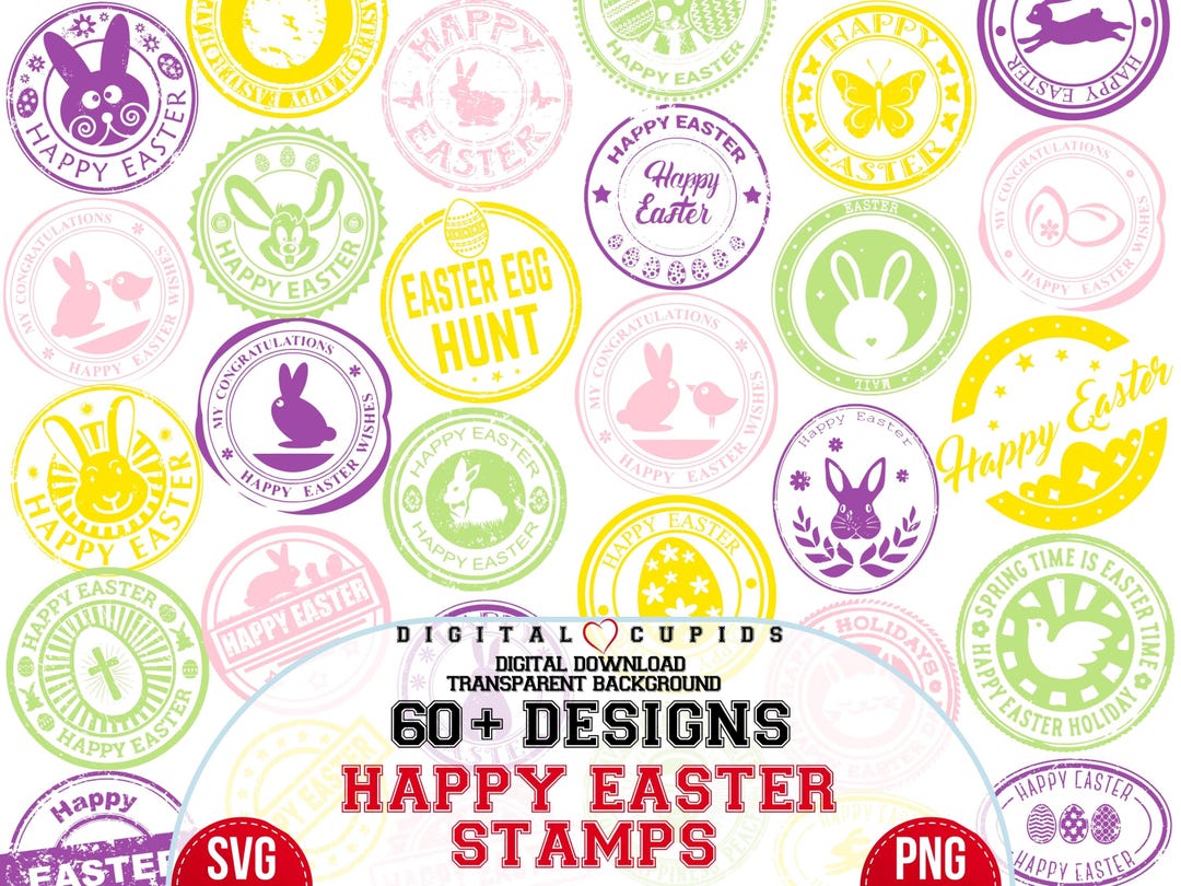 Happy Easter Stamp Clipart SVG PNG, Bunny Easter Egg Hunt Stamps ...