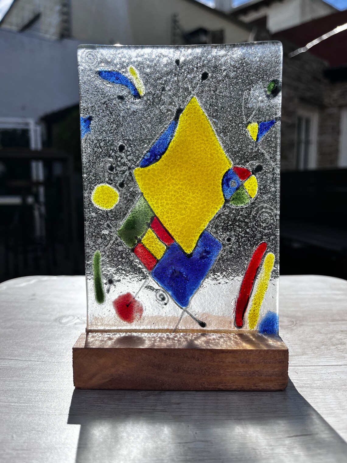 Colorful Abstract Fused Glass Art – Geometric Handmade Panel on Wood ...