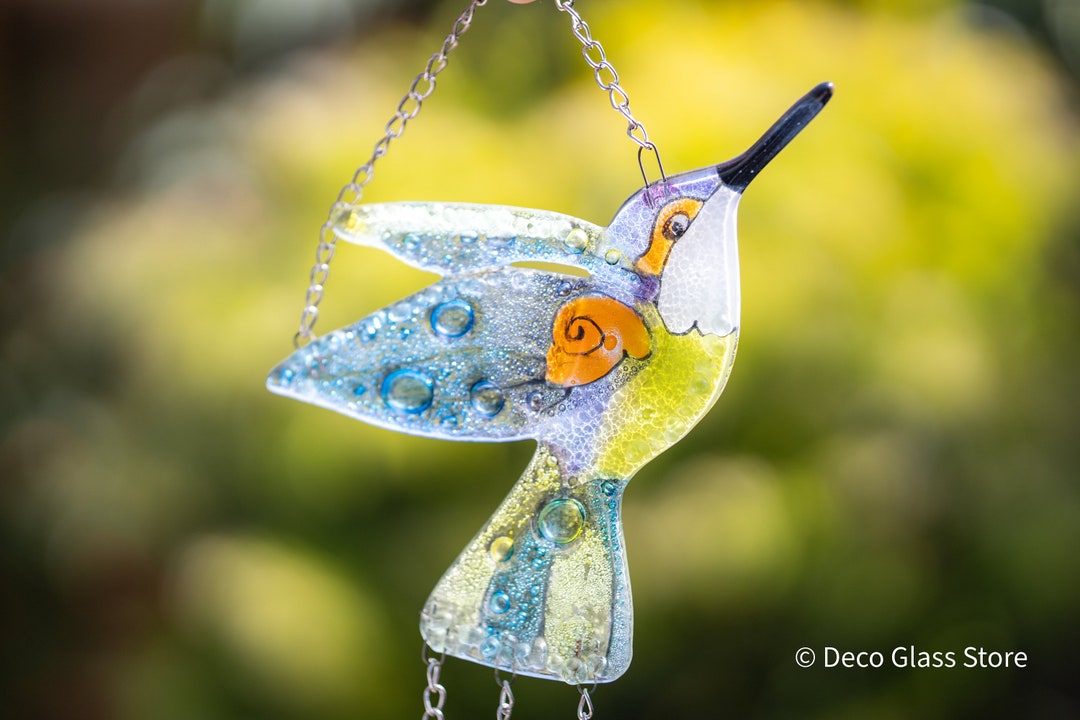 Blue Glass Hummingbird Suncatcher With Chimes, Handmade Garden Window ...