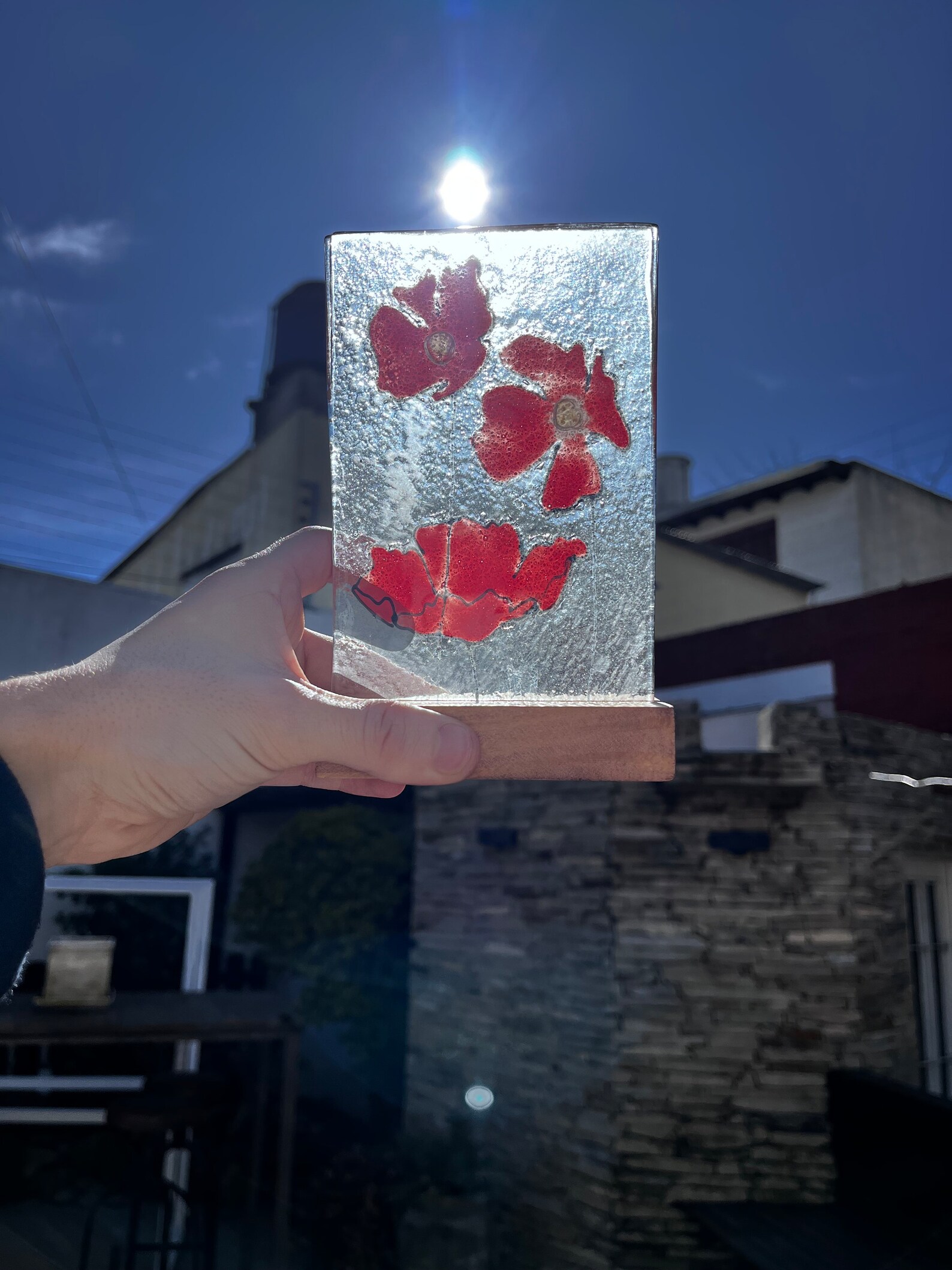 Handmade Fused Glass Poppy Panel: Red Floral Art on Wood Base - Etsy