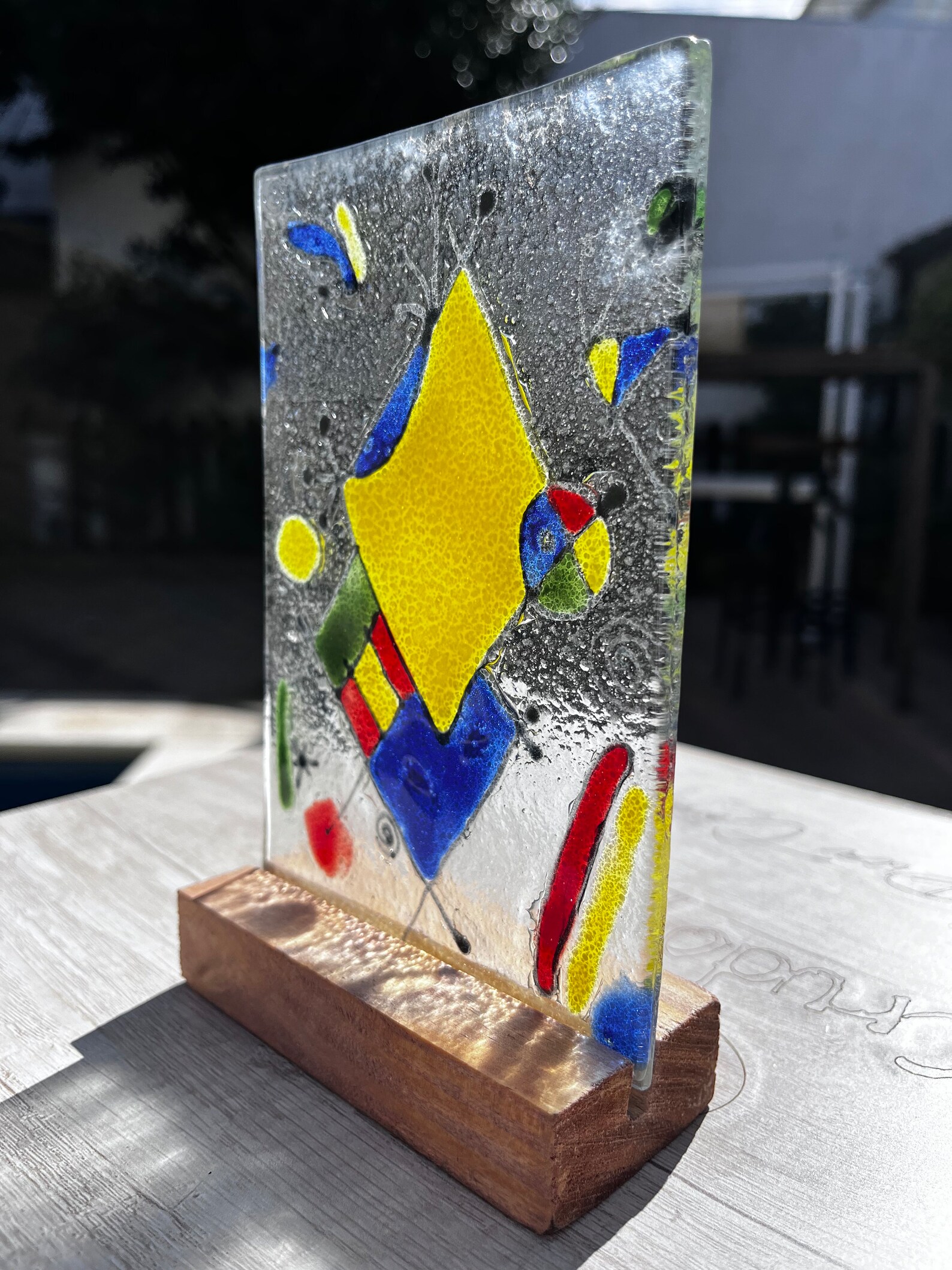 Colorful Abstract Fused Glass Art – Geometric Handmade Panel on Wood ...
