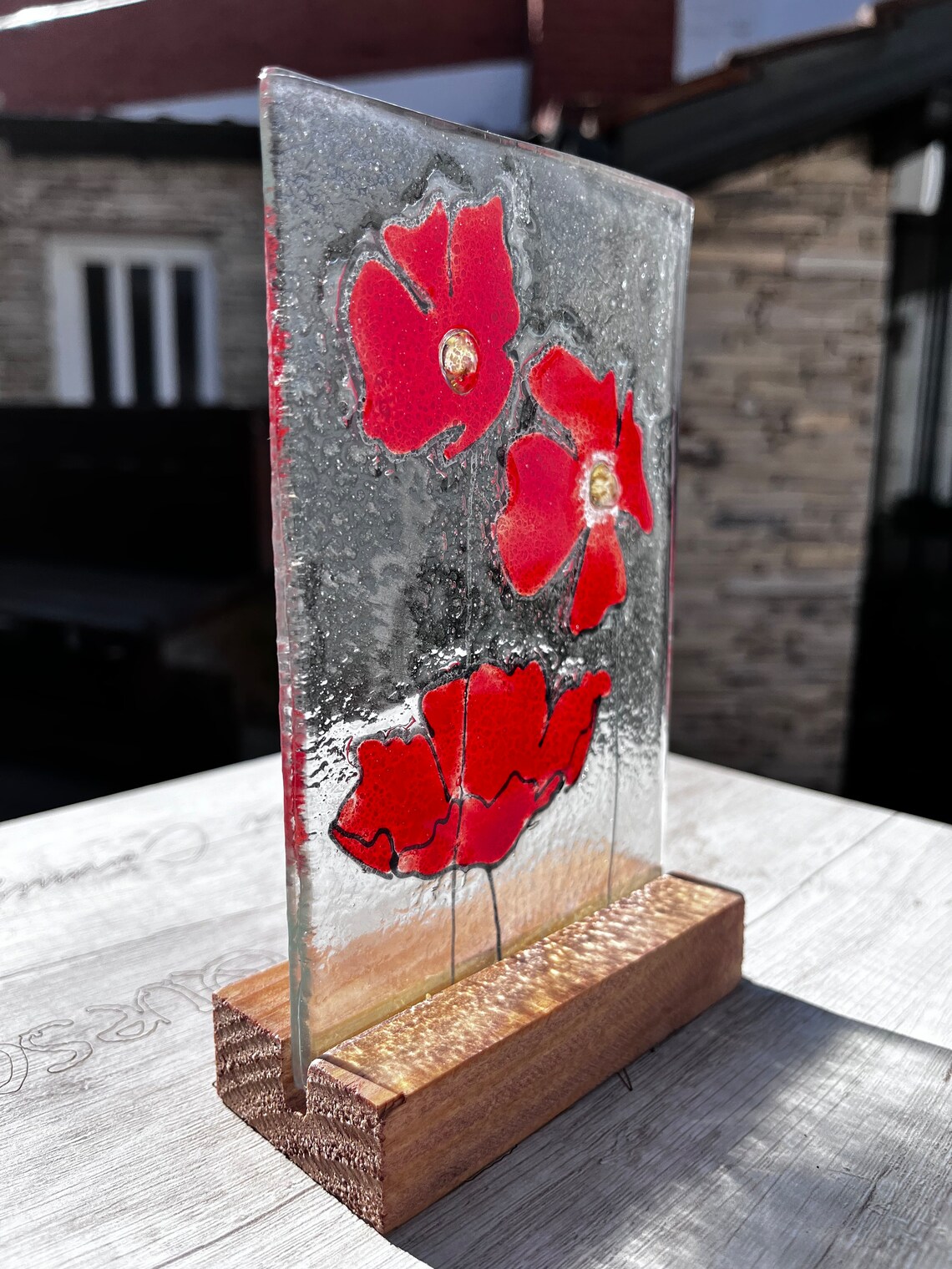Handmade Fused Glass Poppy Panel: Red Floral Art on Wood Base - Etsy