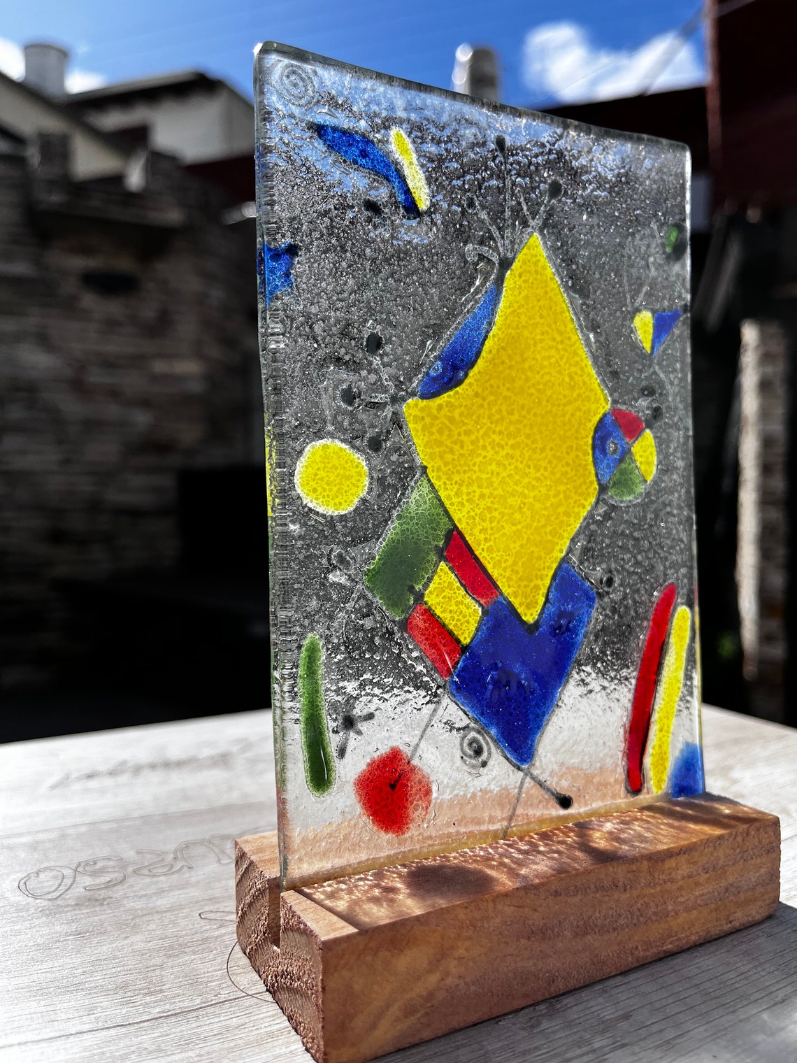 Colorful Abstract Fused Glass Art – Geometric Handmade Panel on Wood ...