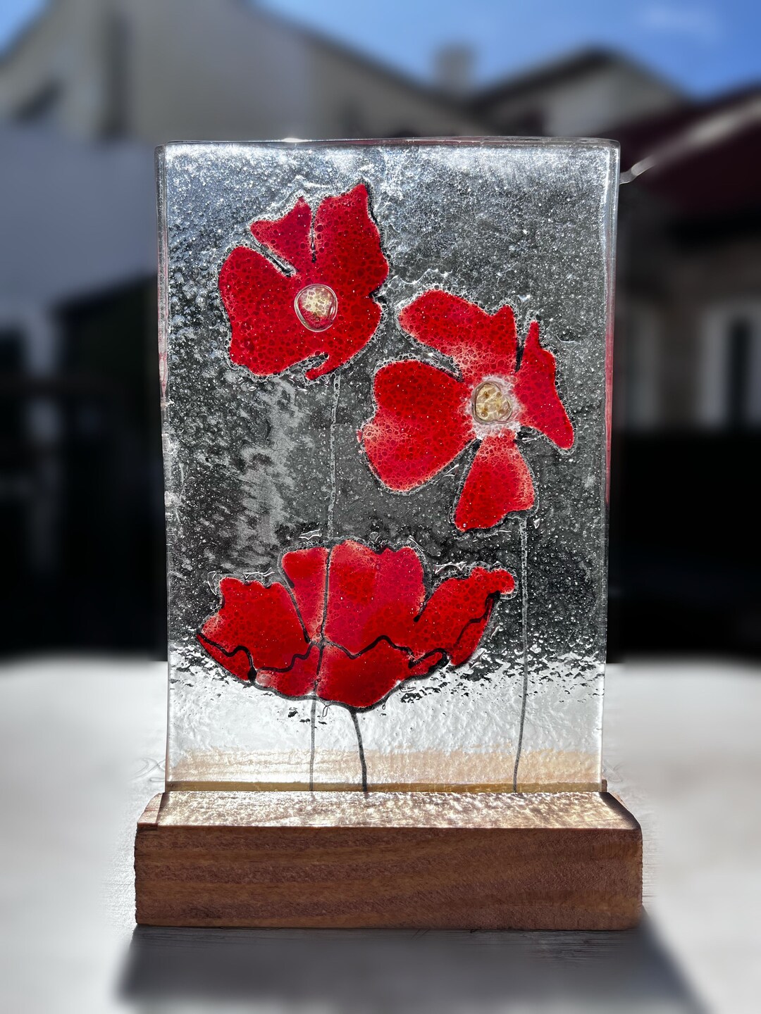 Handmade Fused Glass Poppy Panel: Red Floral Art on Wood Base - Etsy