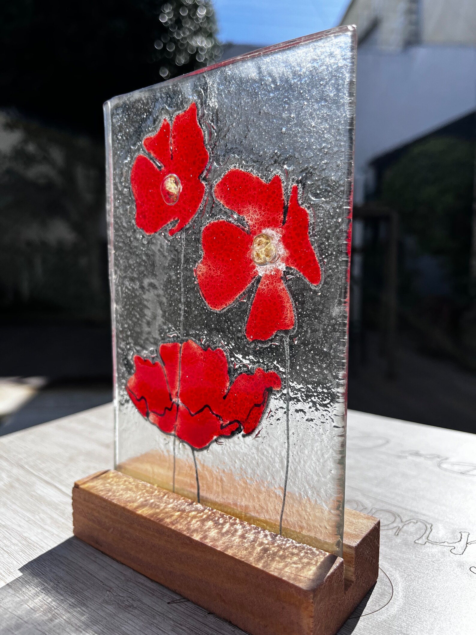 Handmade Fused Glass Poppy Panel: Red Floral Art on Wood Base - Etsy