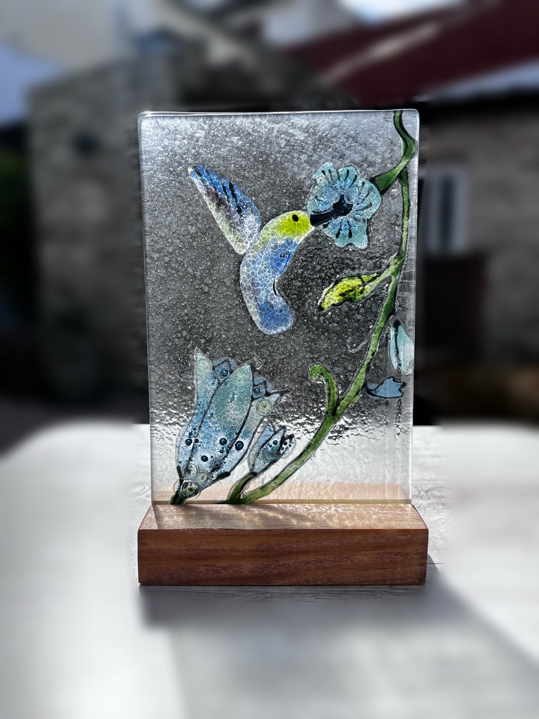 Blue Hummingbird Fused Glass Panel, Floral Bird Art on Wood Base ...