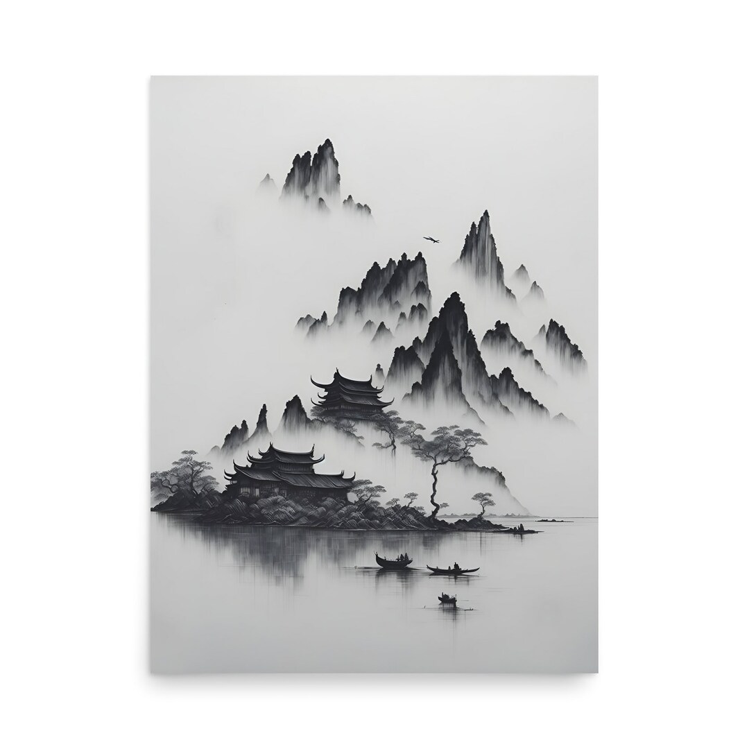 PRINTABLE Chinese Ink Painting | Mountains and River Landscape Wall Art ...