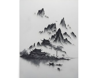 PRINTABLE Chinese Ink Painting Mountains and River Landscape - Etsy