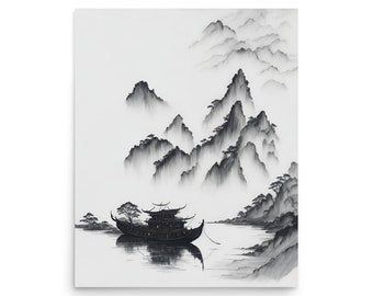 PRINTABLE Chinese Ink Painting Mountains and River Landscape - Etsy