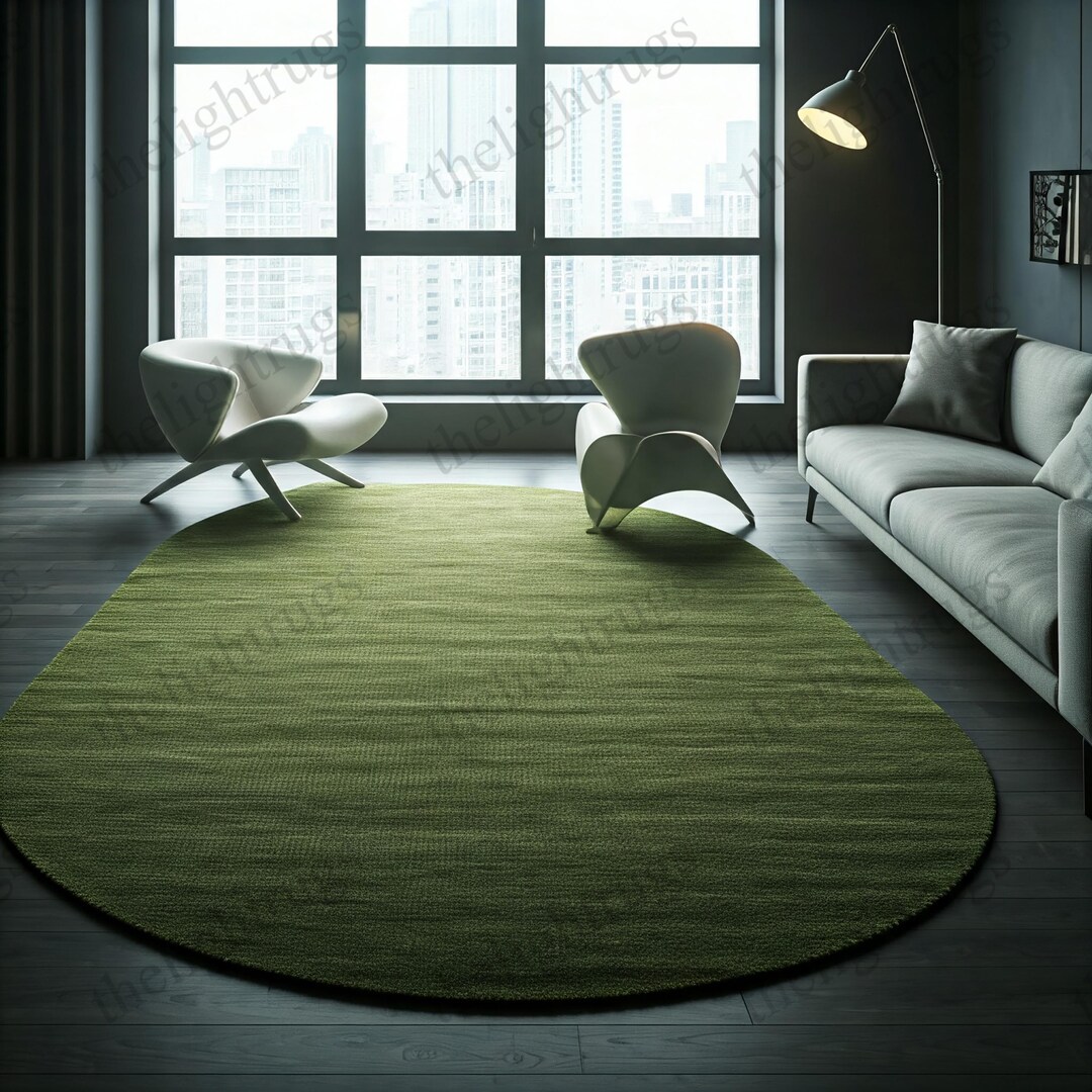 Modern Oval Green Wool Rug Handmade Luxury Carpet for Minimalist Living ...