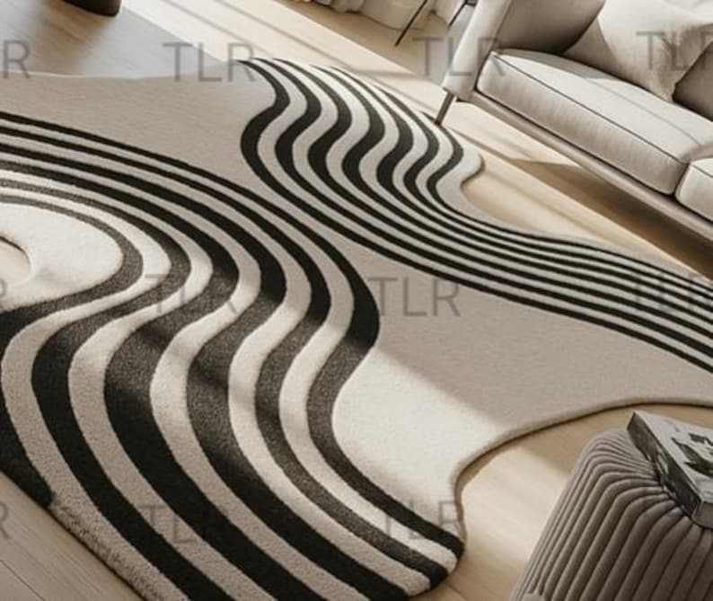 Hand-tufted Wool Rug: Black & White Abstract Wave Design - Etsy