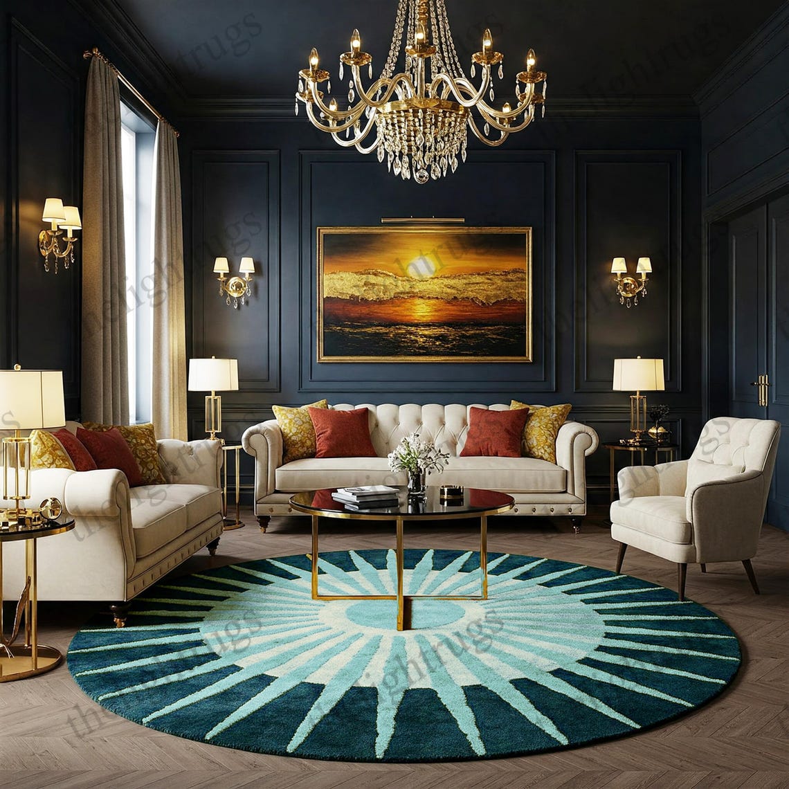 Emerald & Gold Wool Rug: Hand-tufted Round Sunburst Design - Etsy