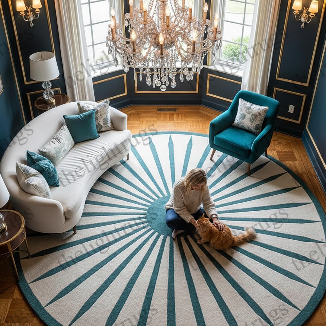 Art Deco Sunburst Rug, Hand Tufted Wool, Luxury Living Room, Unique ...
