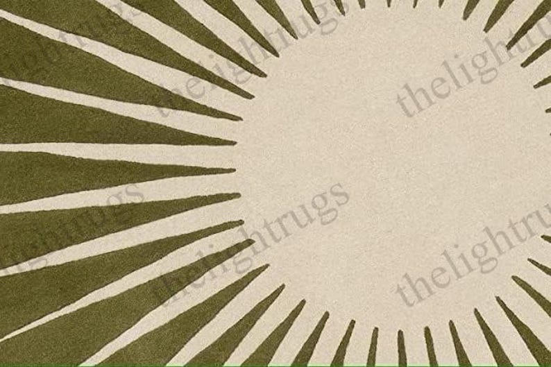 Round Handcrafted Moss Green Sunburst Rug - Modern Geometric Design for ...