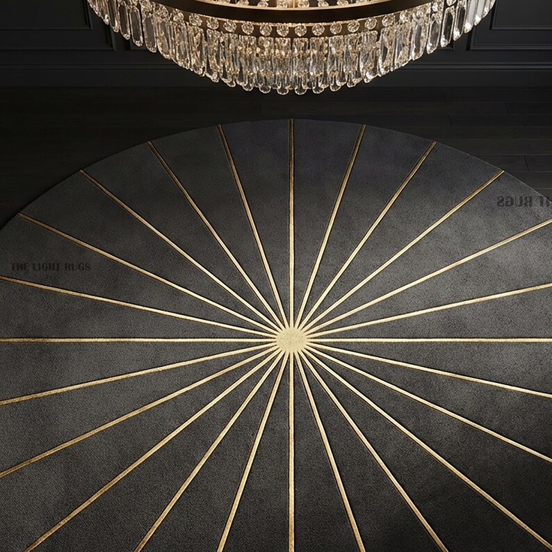 Celestial Sunburst Round Hand Tufted Wool Rug - Artisan Gold Art Deco ...