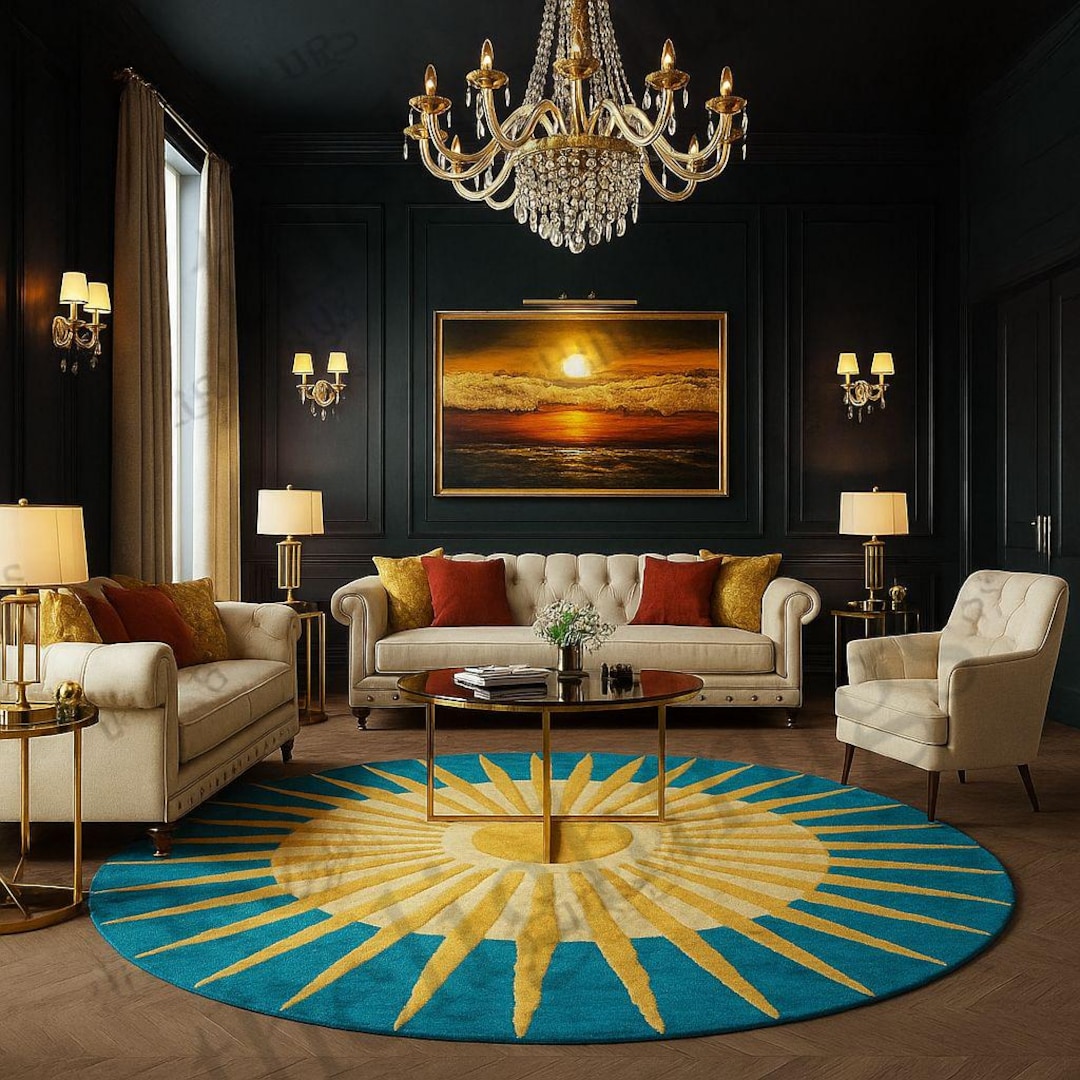 Hand-tufted Wool Rug: Azure Blue & Golden Sunburst, Modern Eclectic ...