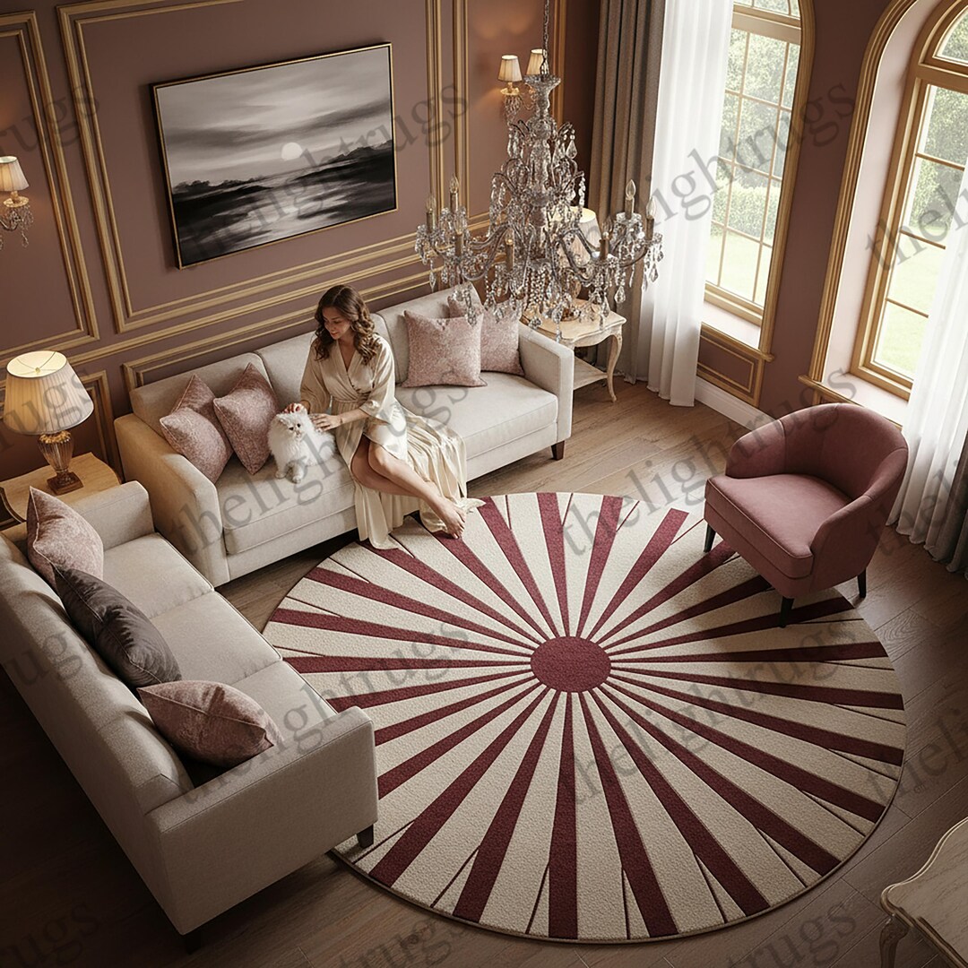 Hand-tufted Wool Rug: Red Sunburst Design, 8x8 Round Carpet - Etsy