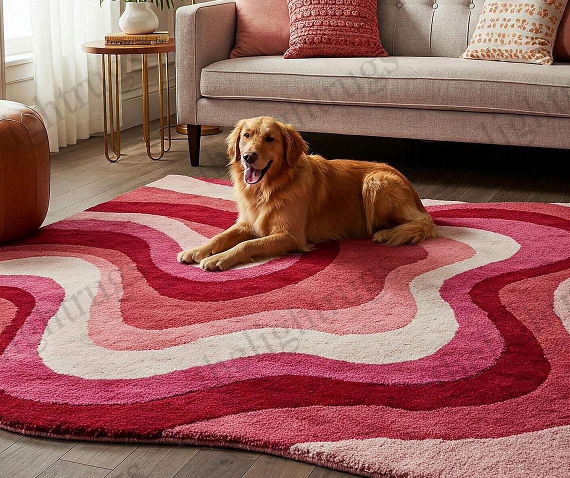 4x6 Wavy Red Abstract Rug – Modern Floor Art for Kids Room, Playroom ...